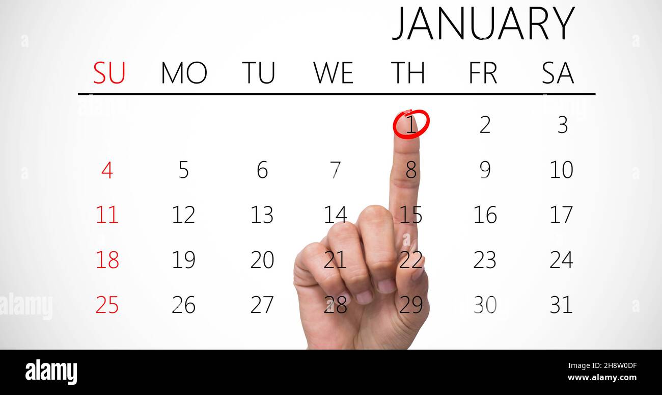 Image of finger pointing to red ring over january 1st on a monthly ...