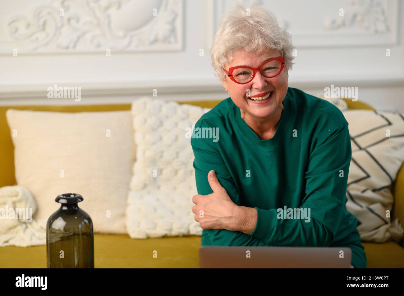Smiling 60s Middle Aged Woman Looking At Camera Happy Mature Elegant