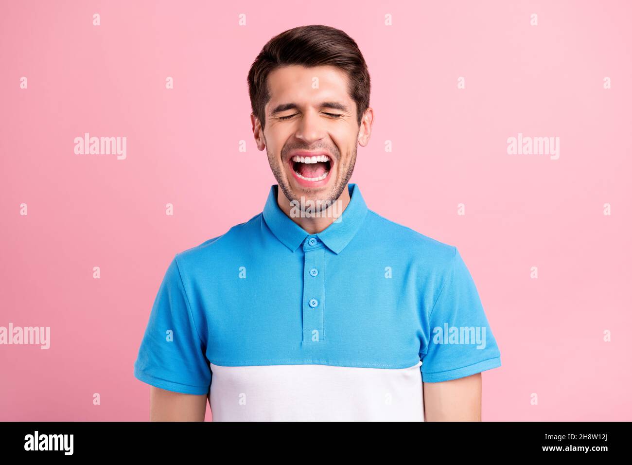 Portrait of attractive dreamy overjoyed cheerful guy good news reaction ...