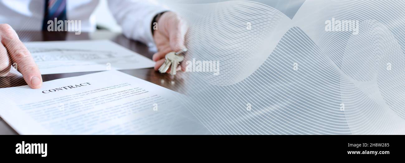 Realtor showing a contract with his finger; panoramic banner Stock ...