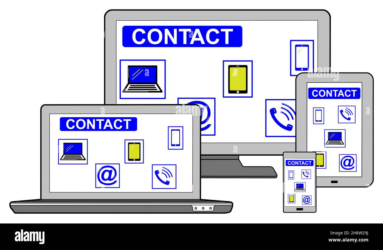 Contact concept on different devices, isolated on white Stock Photo - Alamy