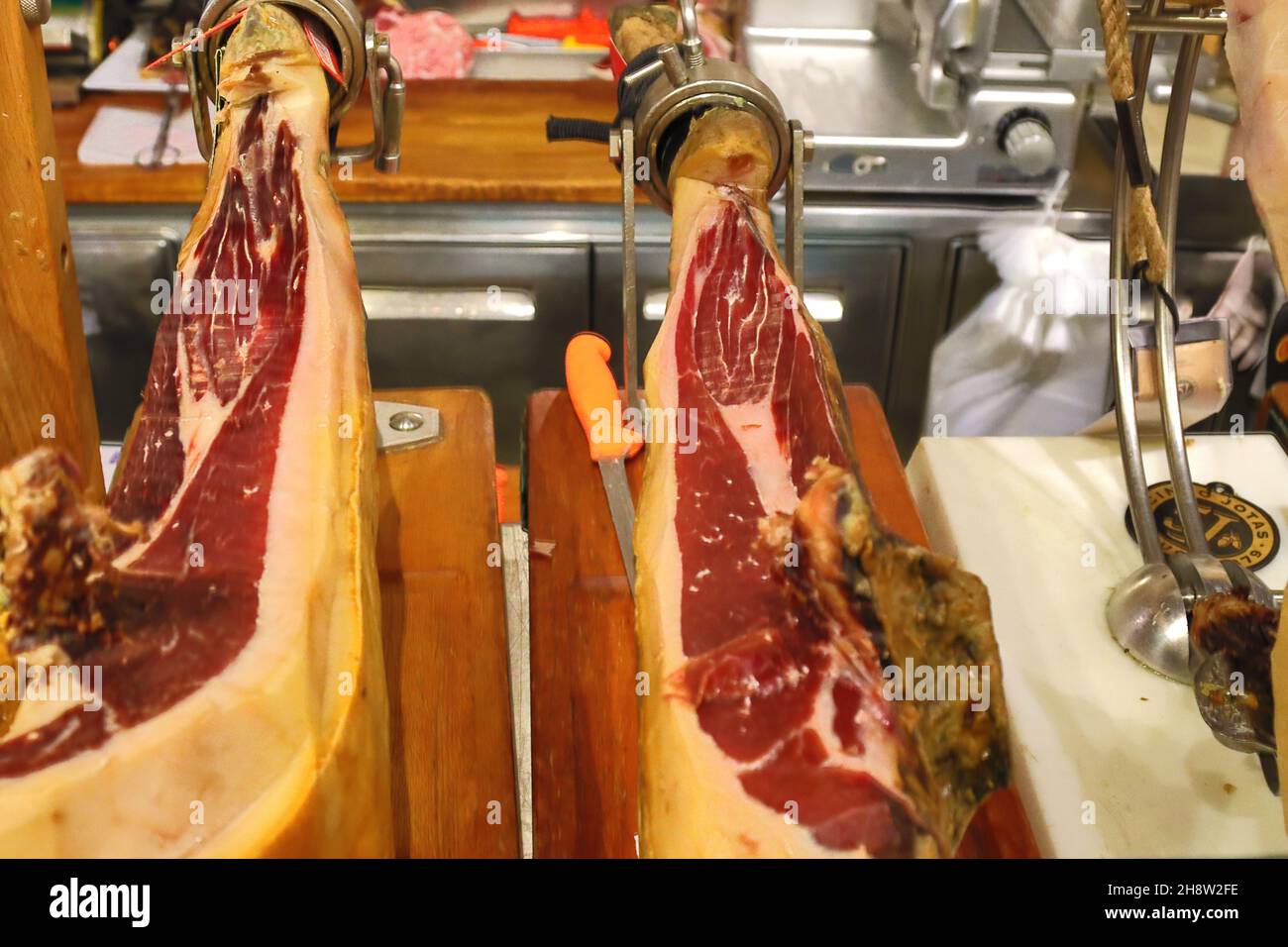 Exhibition of domestic and foreign sliced hams Stock Photo - Alamy