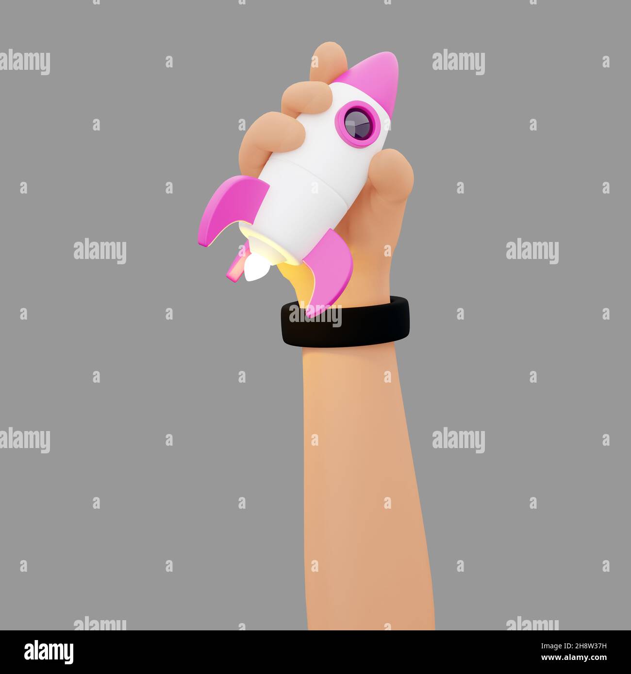 Cartoon 3d rendering hand holding a rocket taking off. 3D Render ...