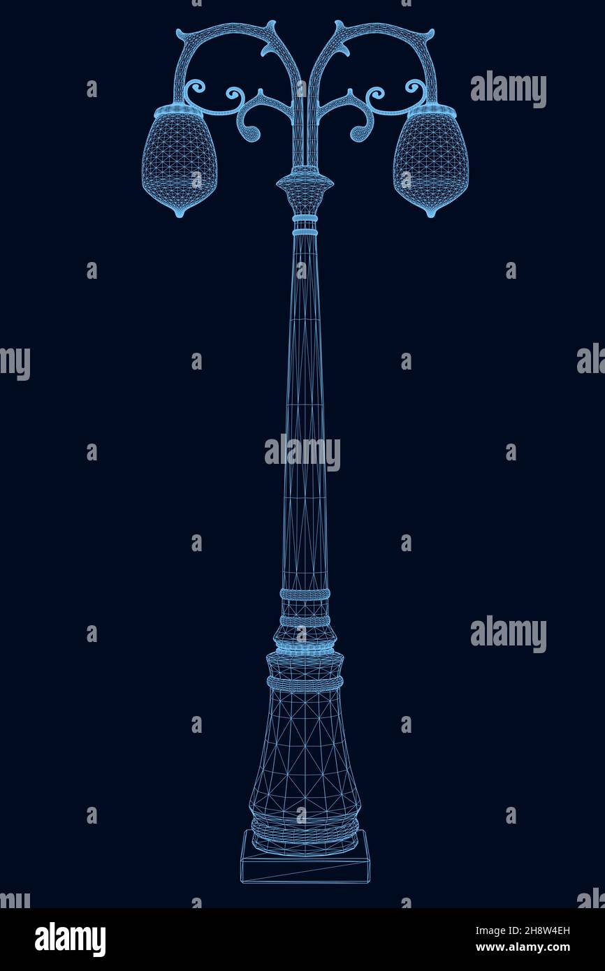 Wireframe of a street decorative lamp made of blue lines isolated on a ...