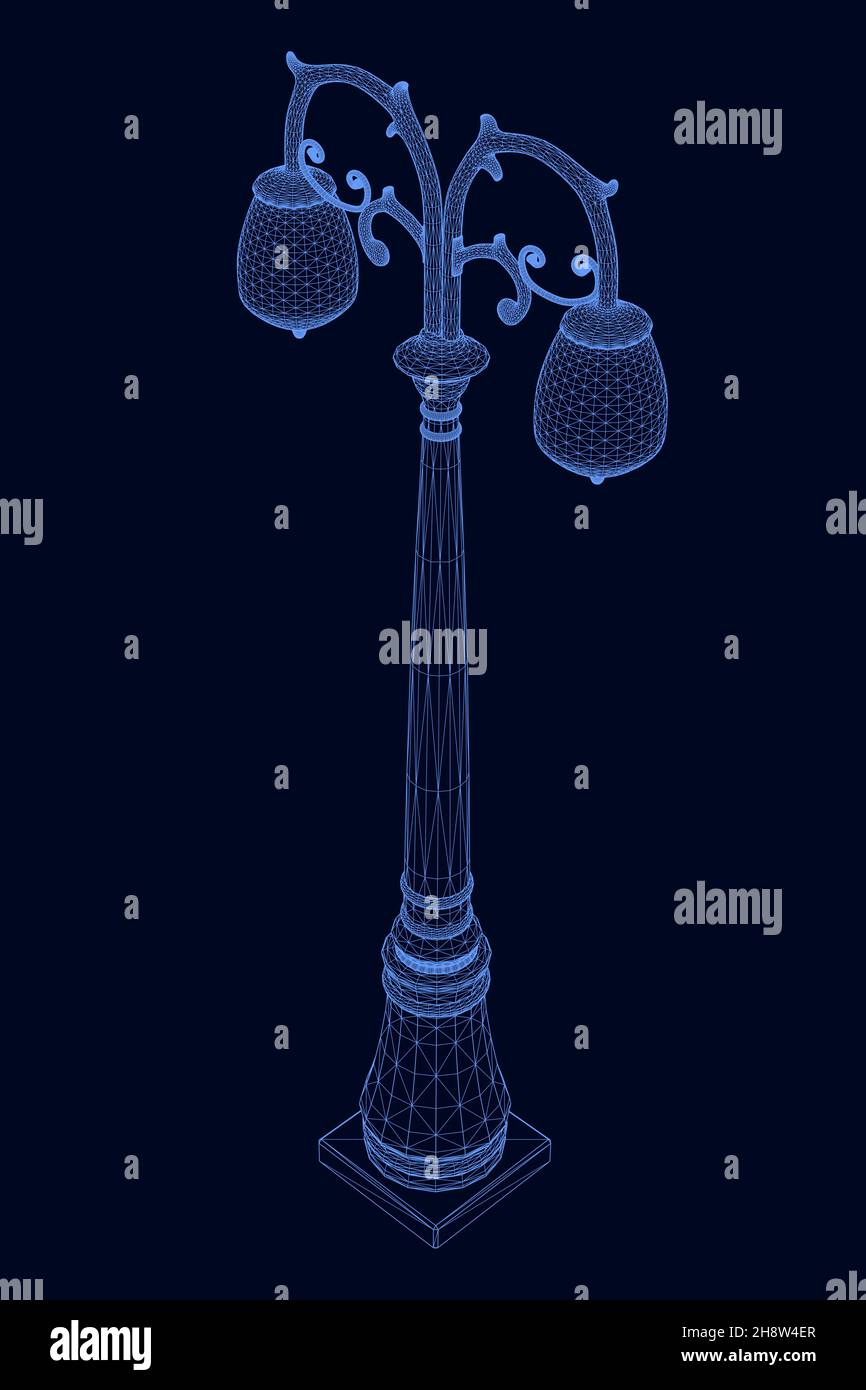 Wireframe of a street decorative lamp made of blue lines isolated on a ...