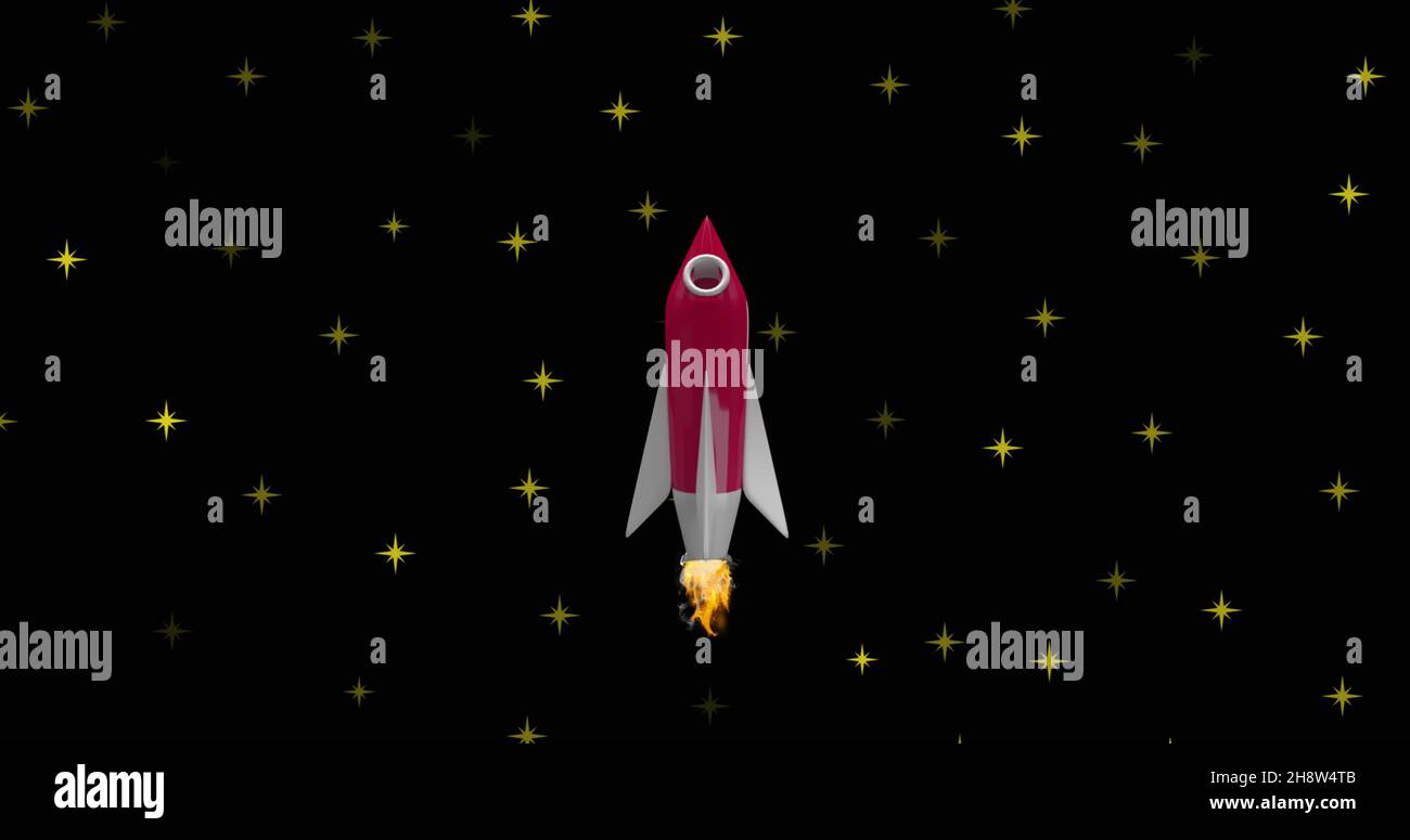 Image of space rocket flying in space over stars on black background ...