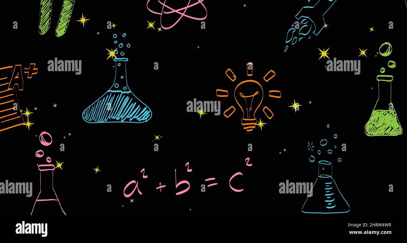 Image of science icons over stars on black background Stock Photo - Alamy