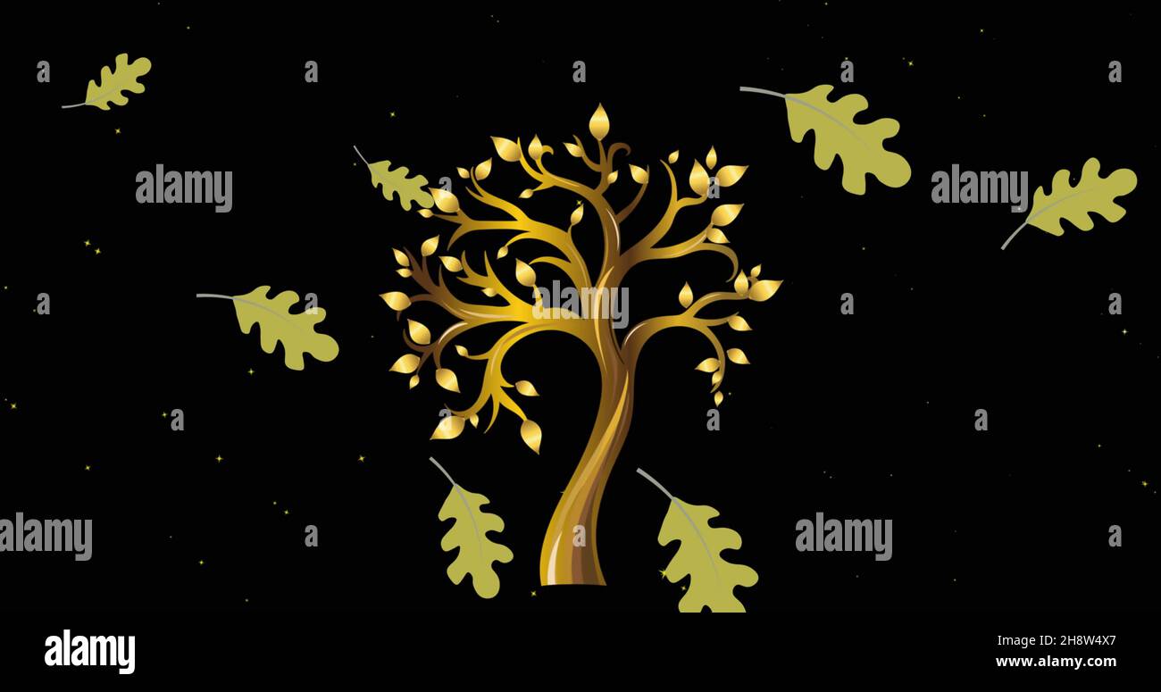 Image of autumn leaves falling over tree and snow falling Stock Photo ...