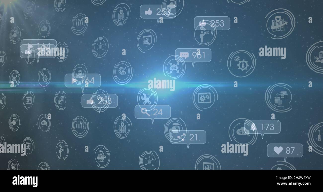 Image of social media icons and numbers over blue background Stock ...