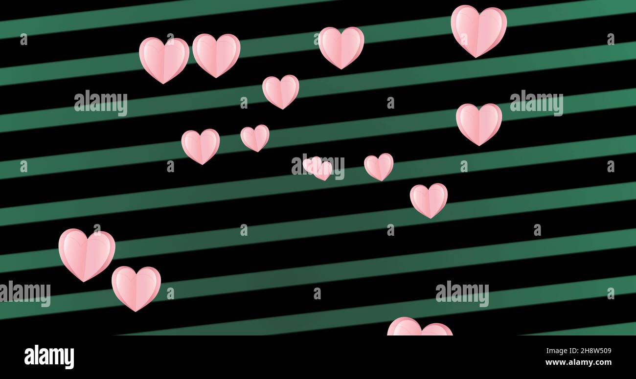 Image of pink hearts moving over green stripes on black background ...
