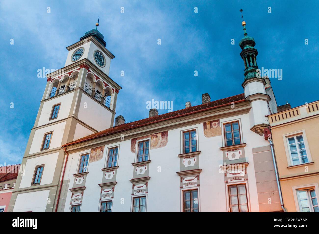 Old town hall at Masaryk square in the old town of Trebon, Czech ...
