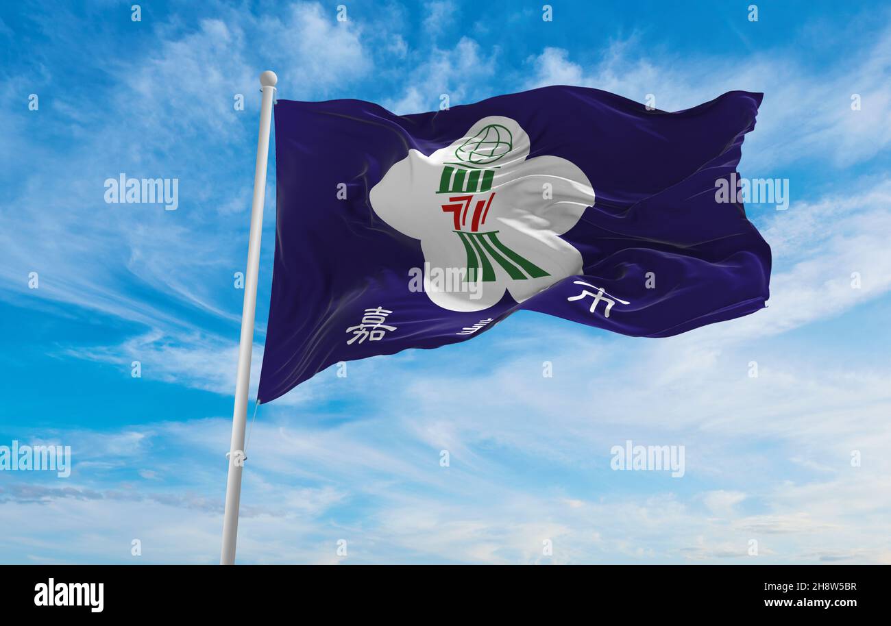 flag of Chiayi, City at cloudy sky background on sunset, panoramic view ...