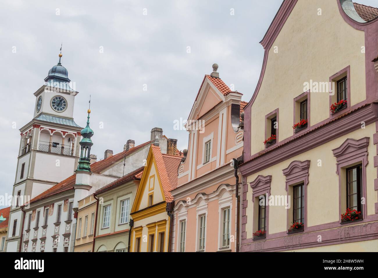 Buildings at Masaryk square in the old town of Trebon, Czech Republic ...