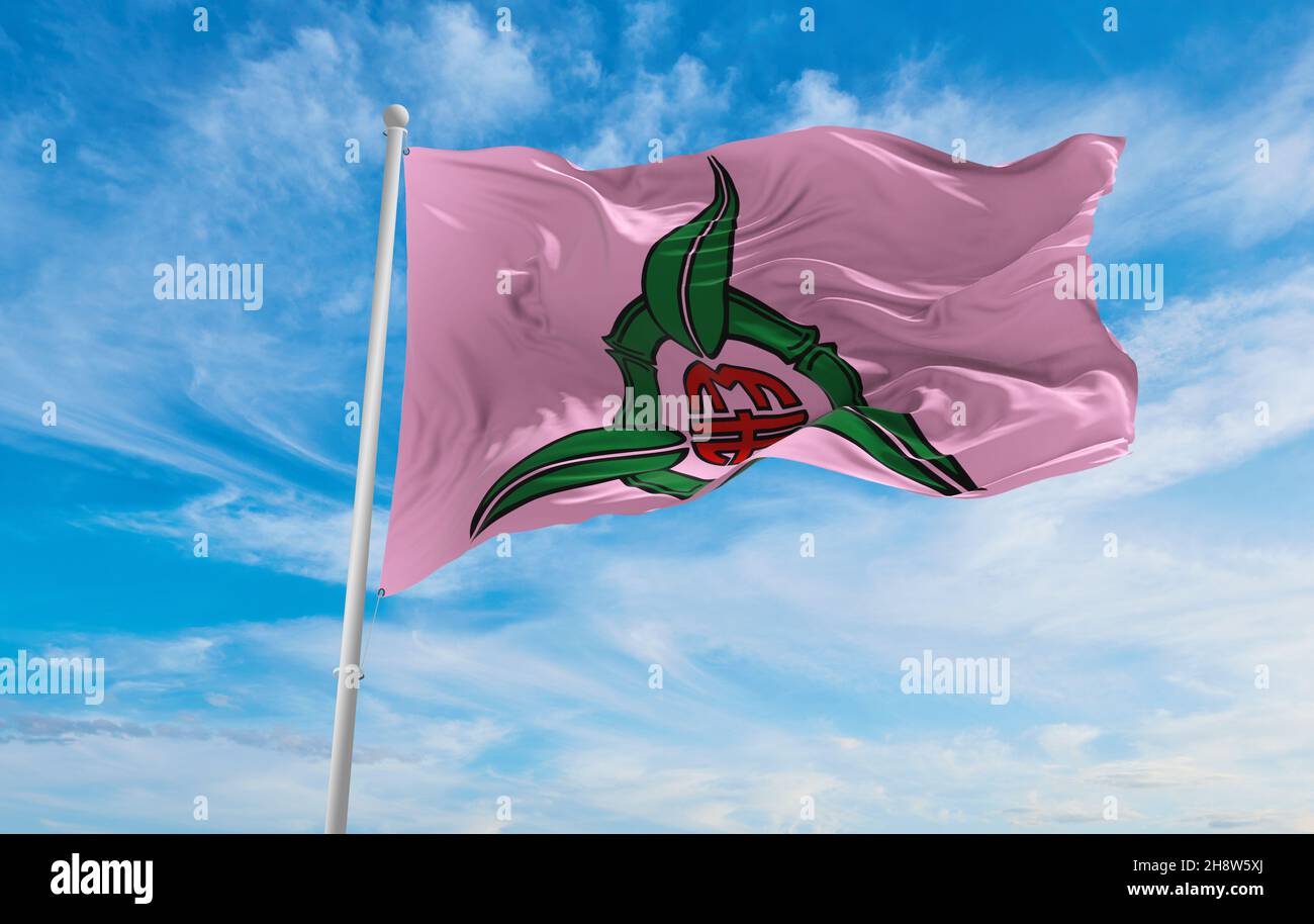 flag of Hsinchu, City at cloudy sky background on sunset, panoramic ...