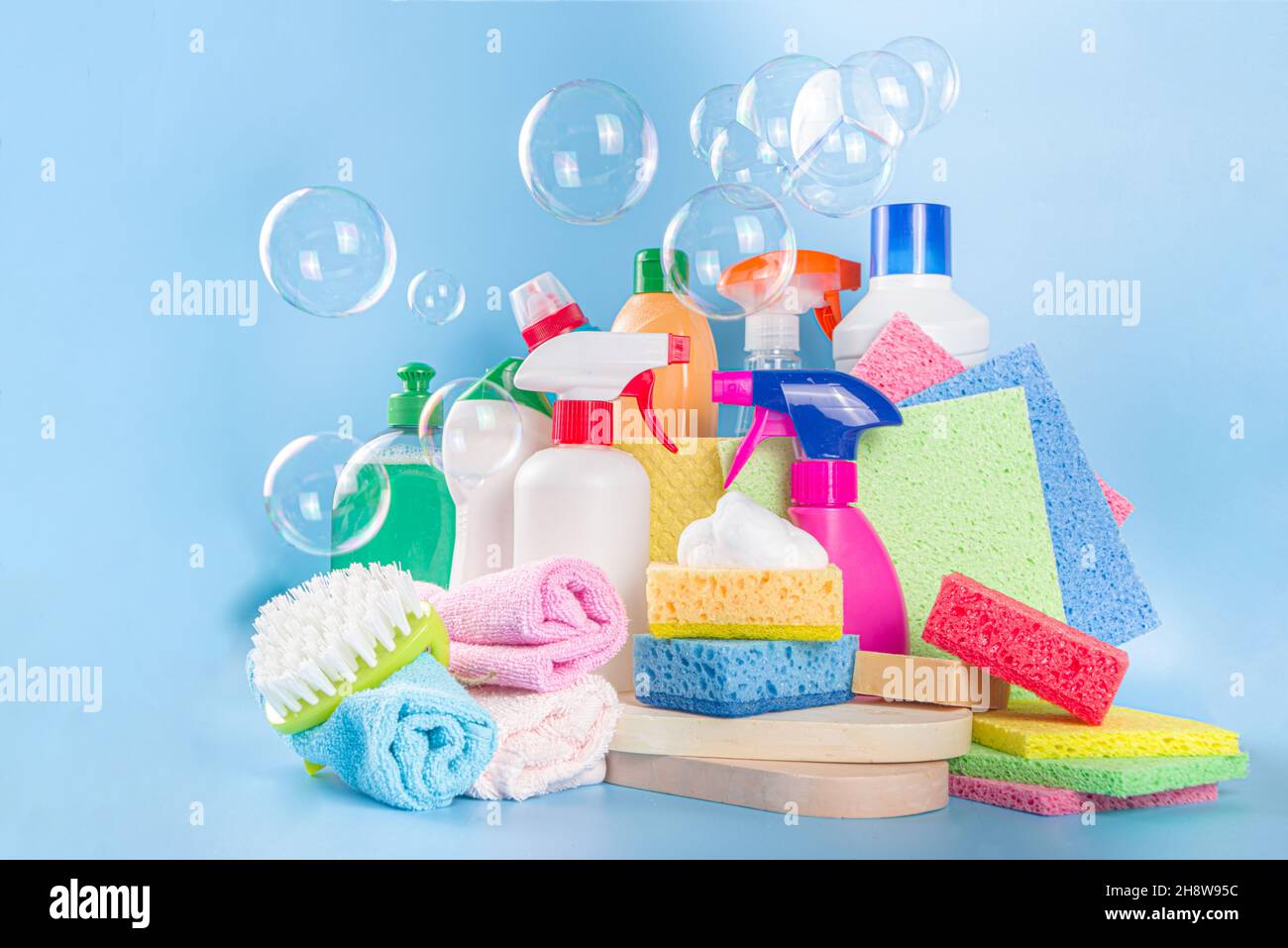 Spring home cleaning, housekeeping concept, Set of various bright ...