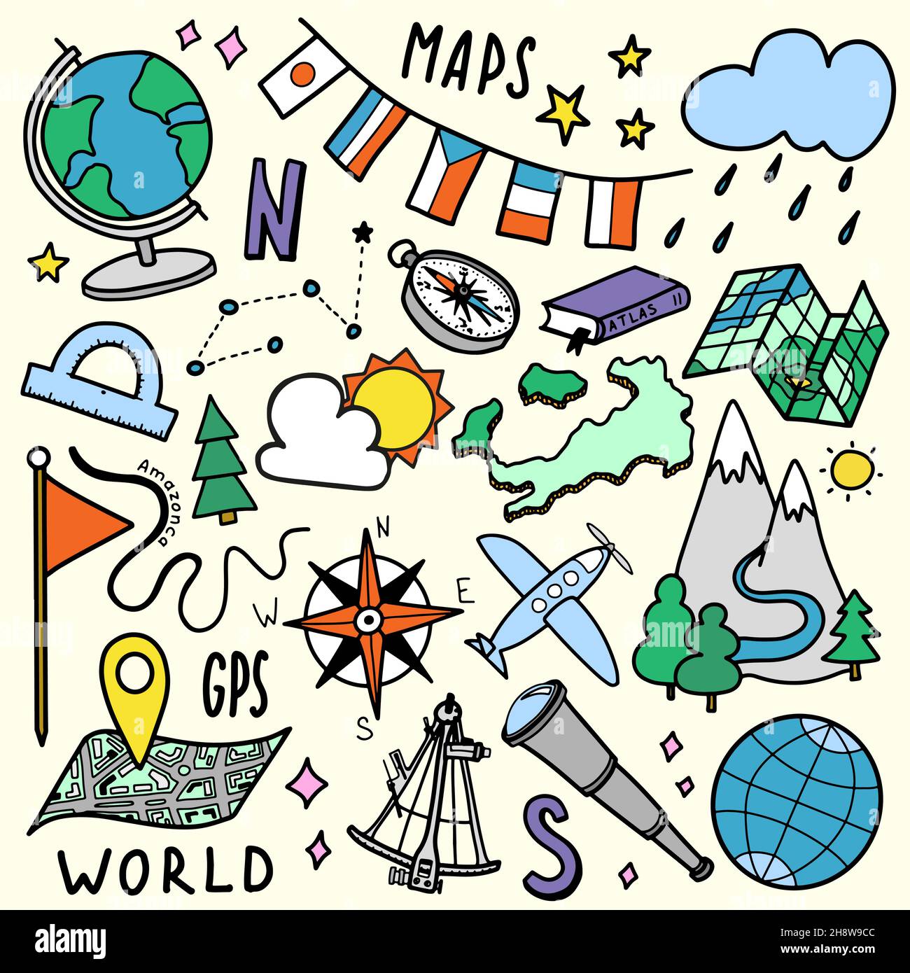 Geography and geology education subject handwriting doodle icon of ...