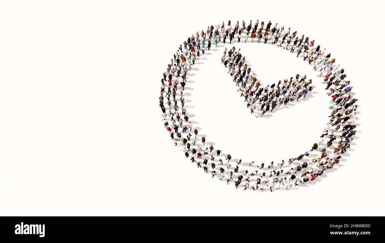 Concept conceptual large community of people forming the clock icon. 3d ...