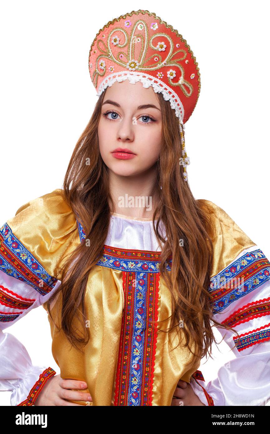 Traditional Russian Folk Costume Portrait Of A Young Beautiful Girl