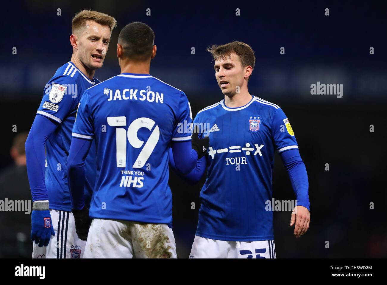 Kayden Jackson of Ipswich Town is congratulated after scoring a goal to ...