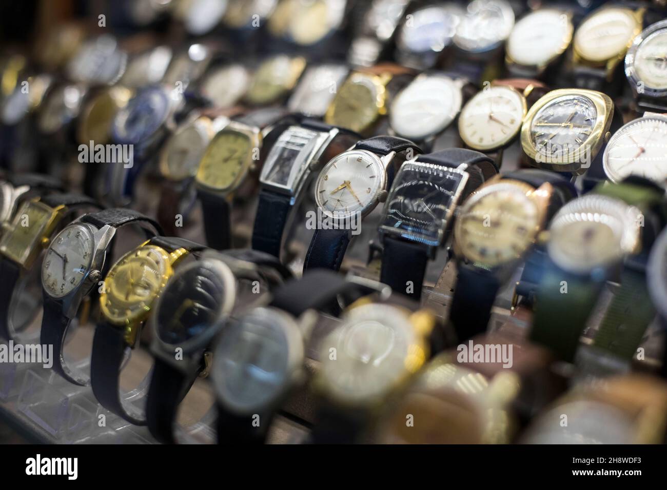Close up shot of some vintage watches on display in a shop Stock Photo ...