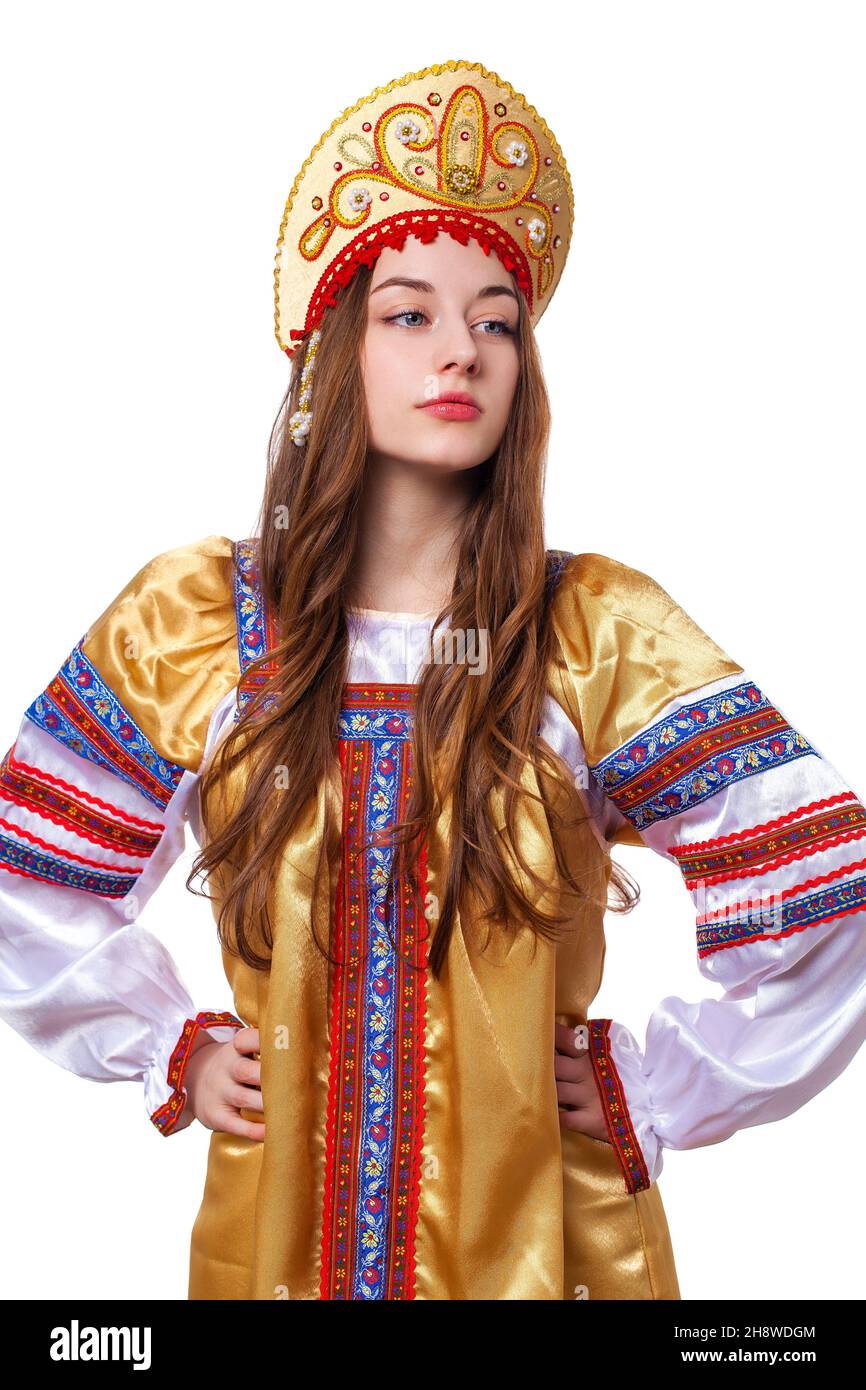 Traditional Russian folk costume, portrait of a young beautiful girl ...