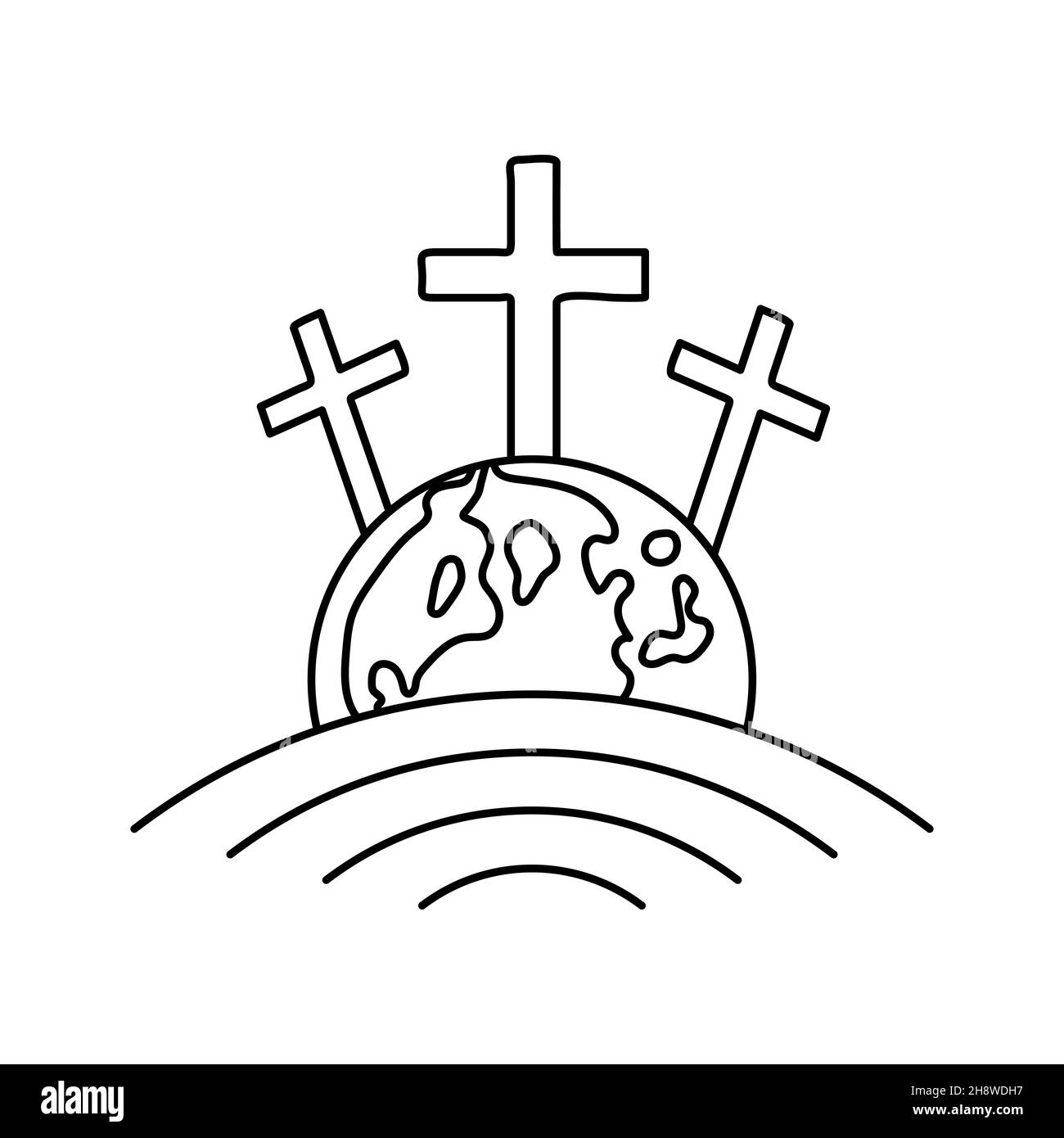 Earth globe icon with crucifixion of Jesus. Calvary icon. Abstract ...