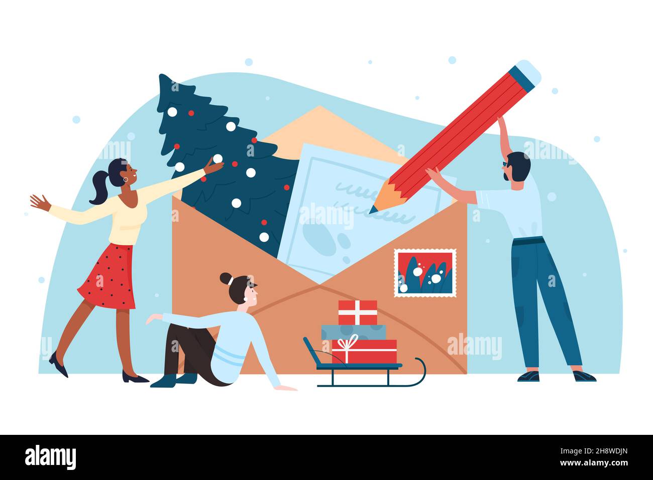 People greeting with Christmas and New Year in letter, winter holidays ...