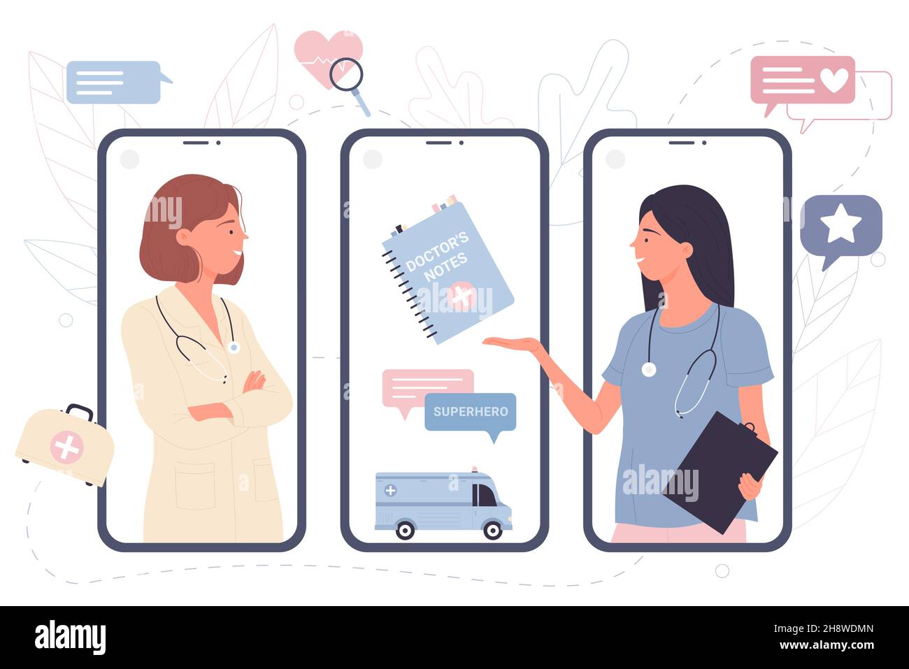 Emergency doctor team and ambulance car on screens of mobile phones ...