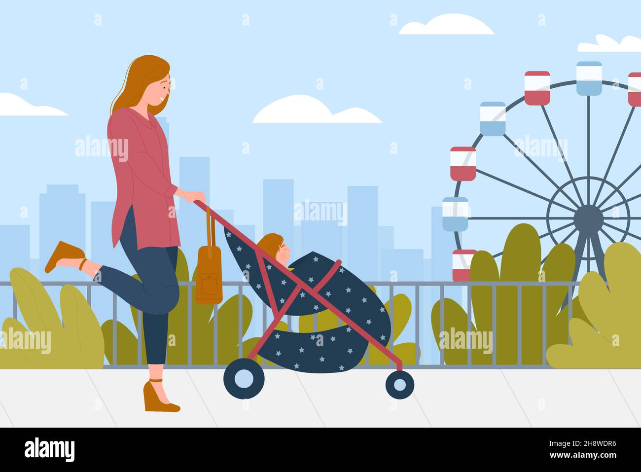Mother walking with kid in stroller together in summer city park vector ...