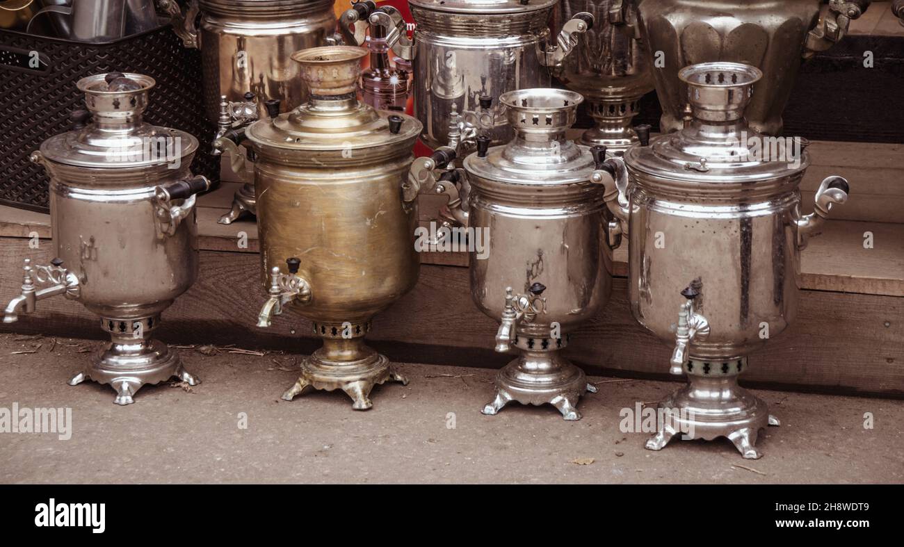 Old samovars in row Stock Photo - Alamy