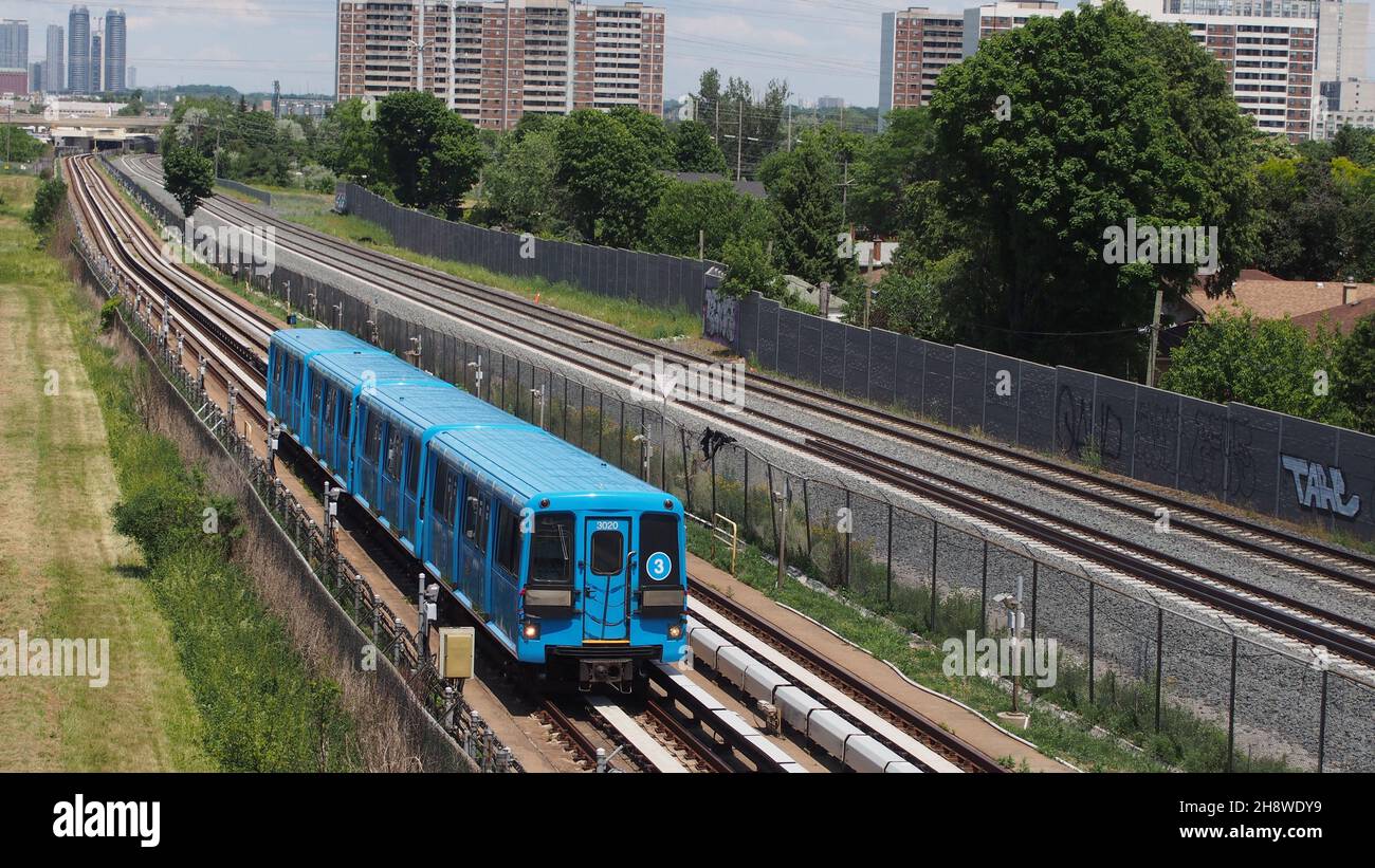 TORONTO, CANADA - Jun 30, 2020: Line 3 in Scarborough with LRT railway ...