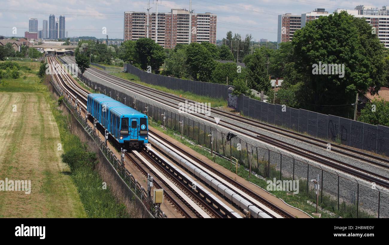 TORONTO, CANADA - Jun 30, 2020: Line 3 in Scarborough with LRT railway ...
