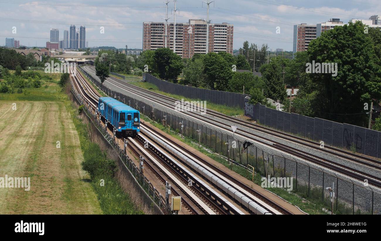 TORONTO, CANADA - Jun 30, 2020: Line 3 in Scarborough with LRT railway ...