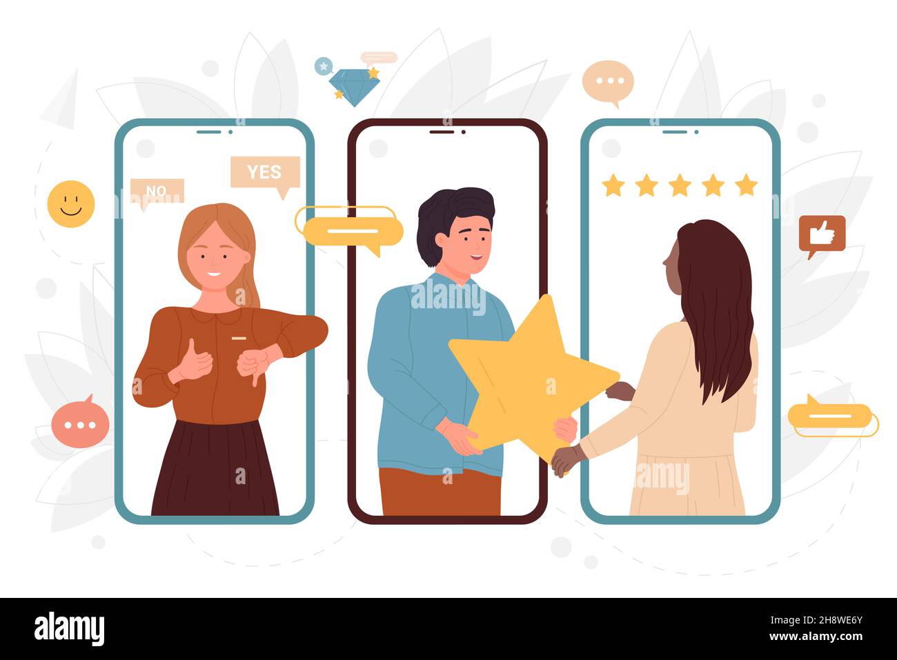 People customers provide review on screens of mobile phones vector ...