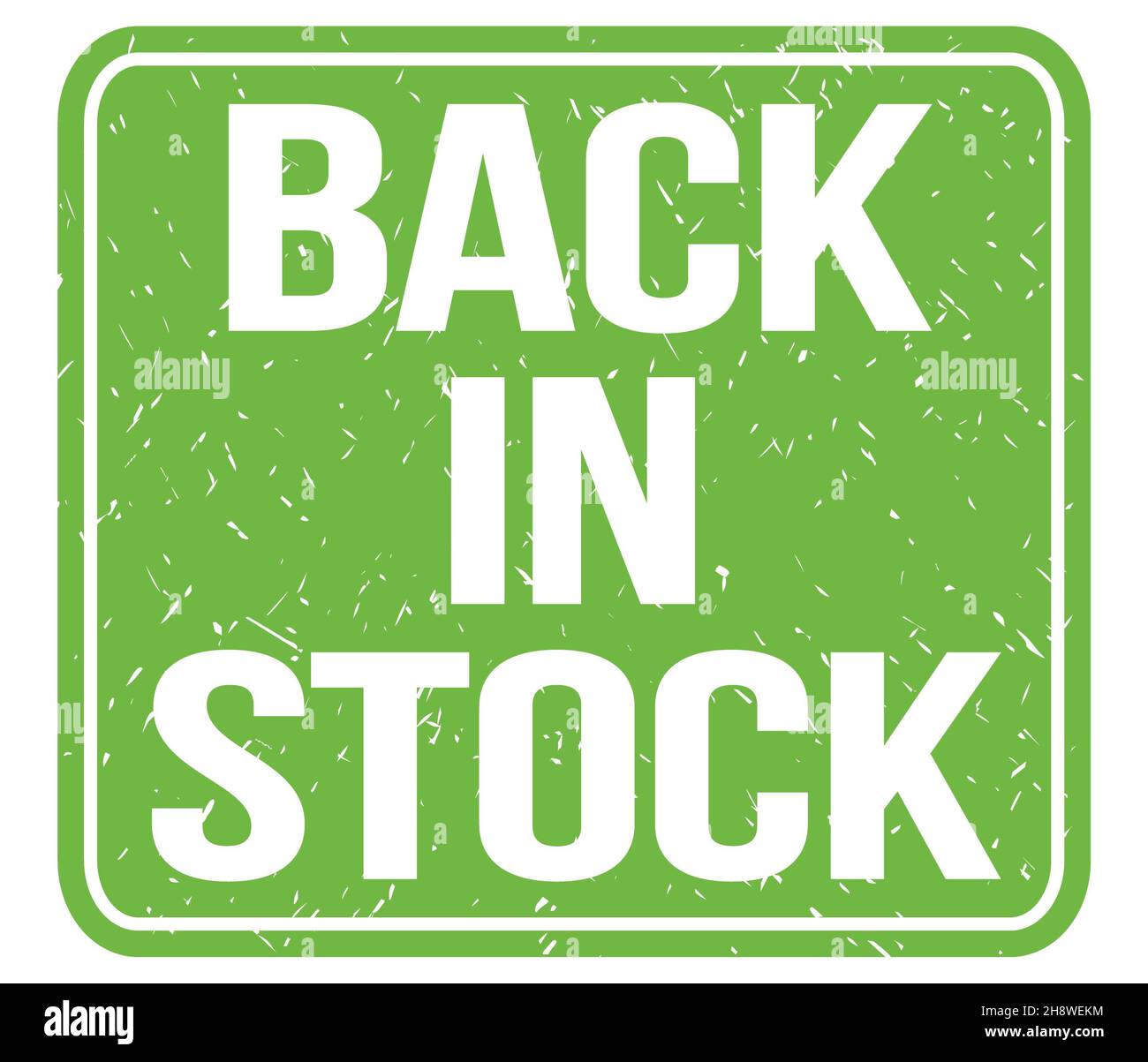 BACK IN STOCK, text written on green vintage stamp sign Stock Photo - Alamy