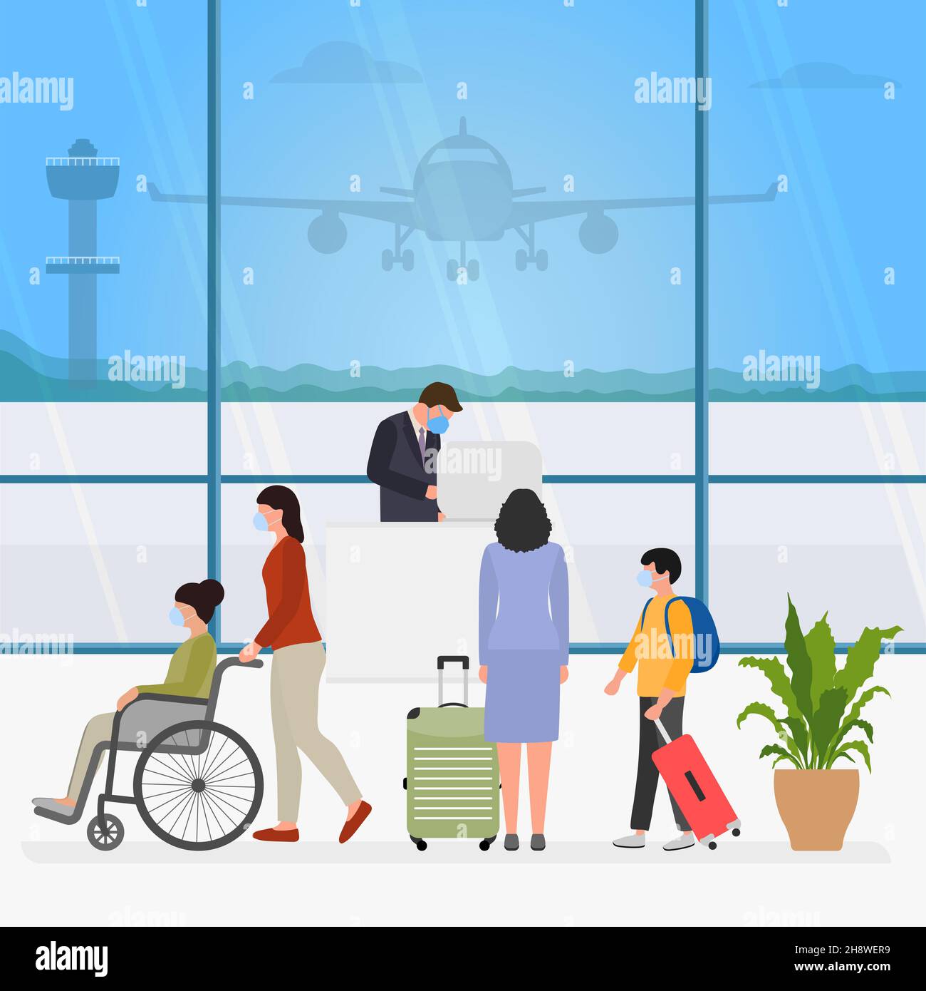 Vector illustration People wearing face mask with suitcases Customer ...
