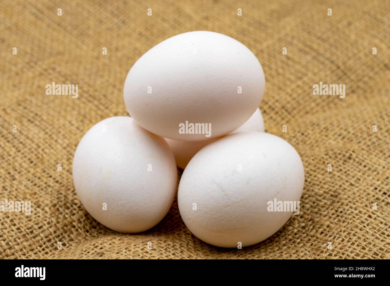 Egg carton on jute fabric. close-up white egg. horizontal view Stock ...