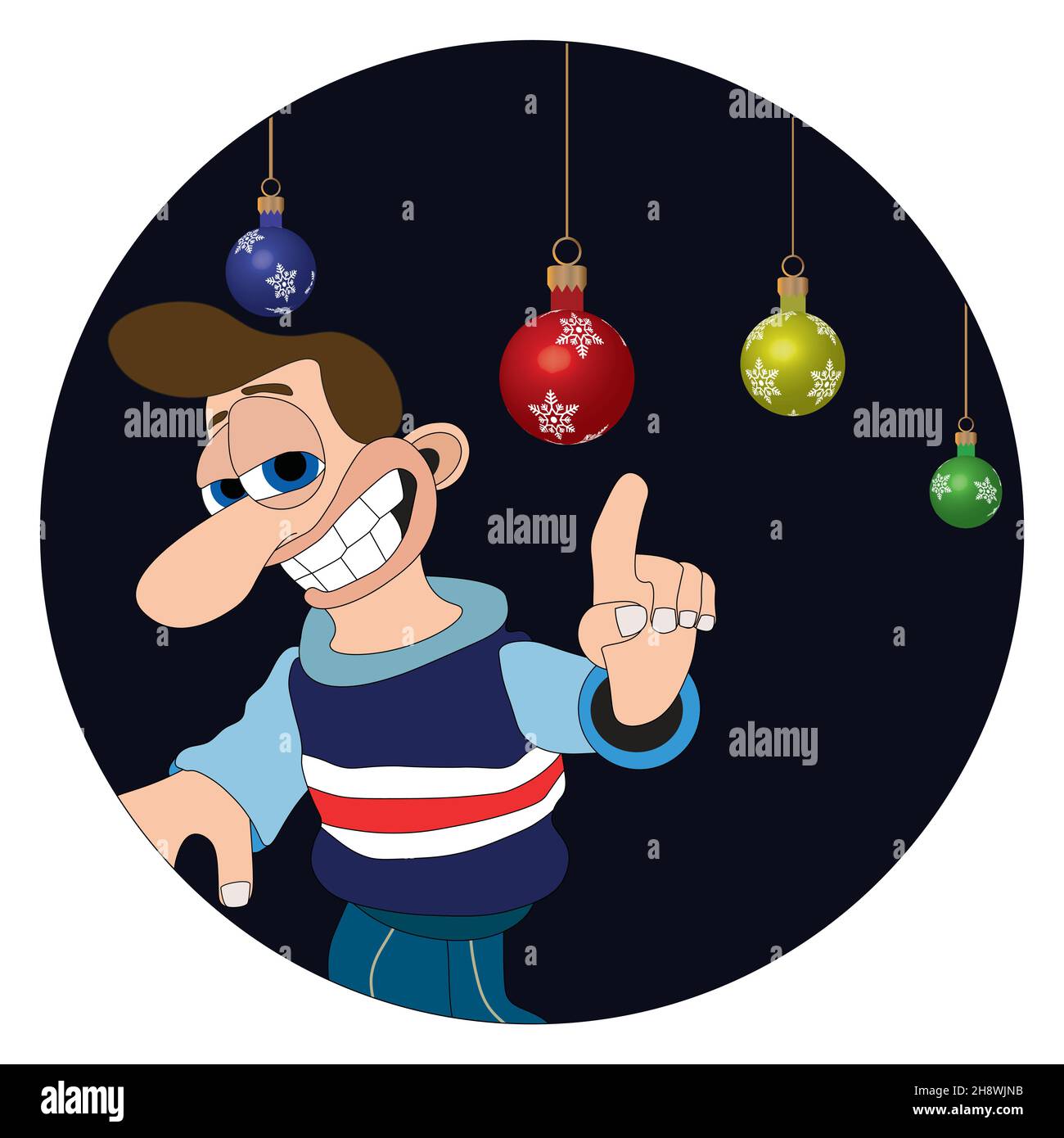 Man with a cheeky smile and big nose pointing at Christmas bulbs round ...