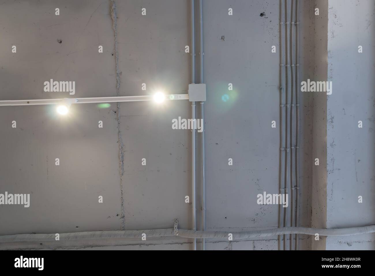 Abstract loft interior of concrete grey ceiling with air ventilation ...