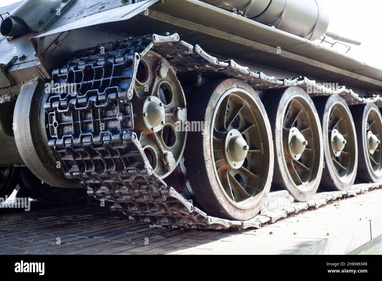 Tracks of the tank close up view. Heavy metal track chassis of soviet ...