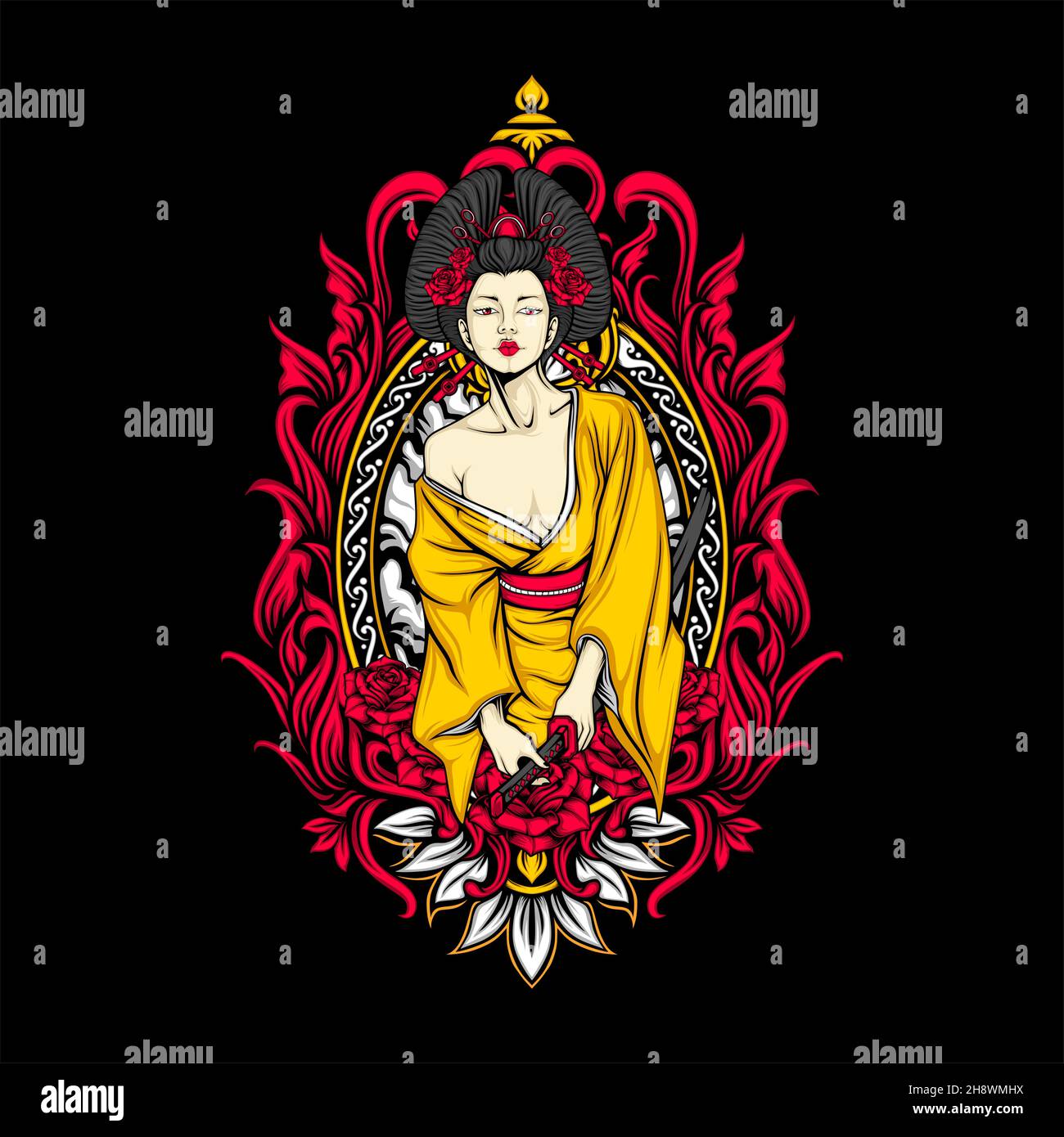 samurai geisha illustration with awesome background Stock Vector Image ...