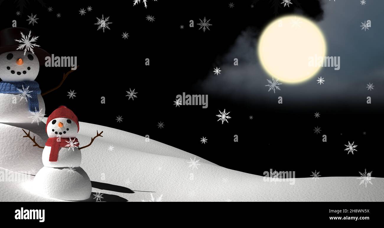 Composite image of snowmen in full moon night with copy space Stock ...