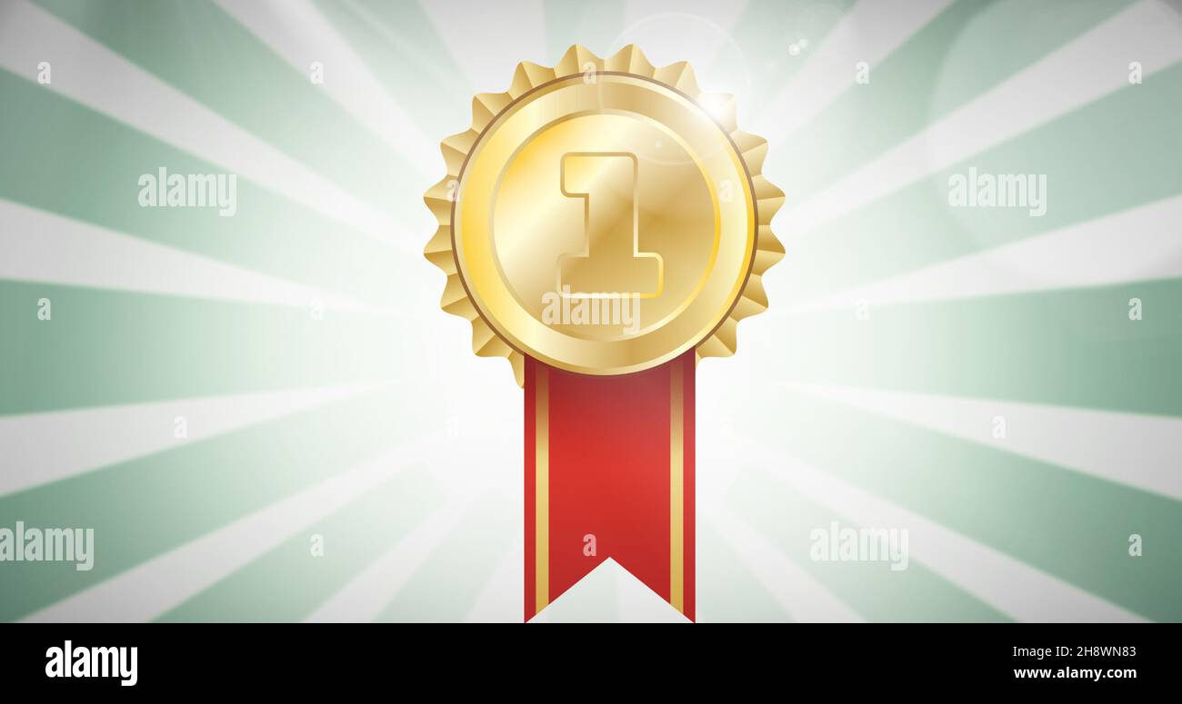 Digital composite image of number 1 batch with red ribbon against rays ...