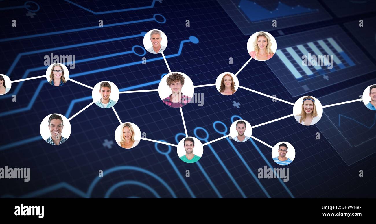 Composite image of people connected through digital networking with ...
