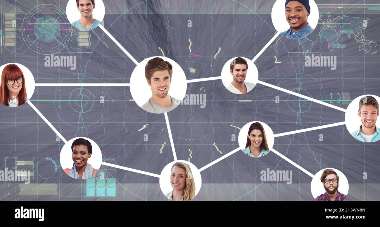 Composite image of happy multiracial people connected globally through ...