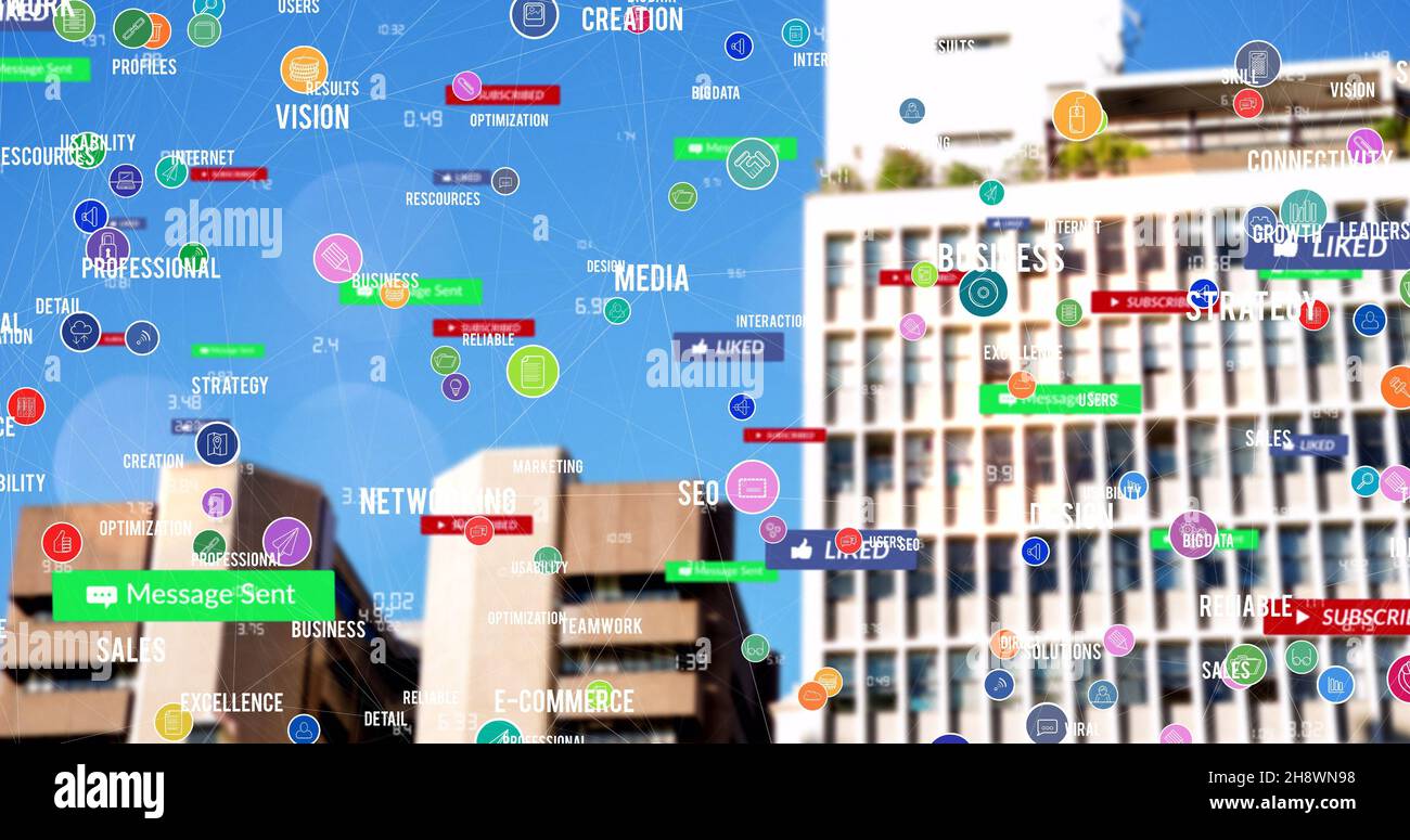 Composite image of global connections with buildings in background ...