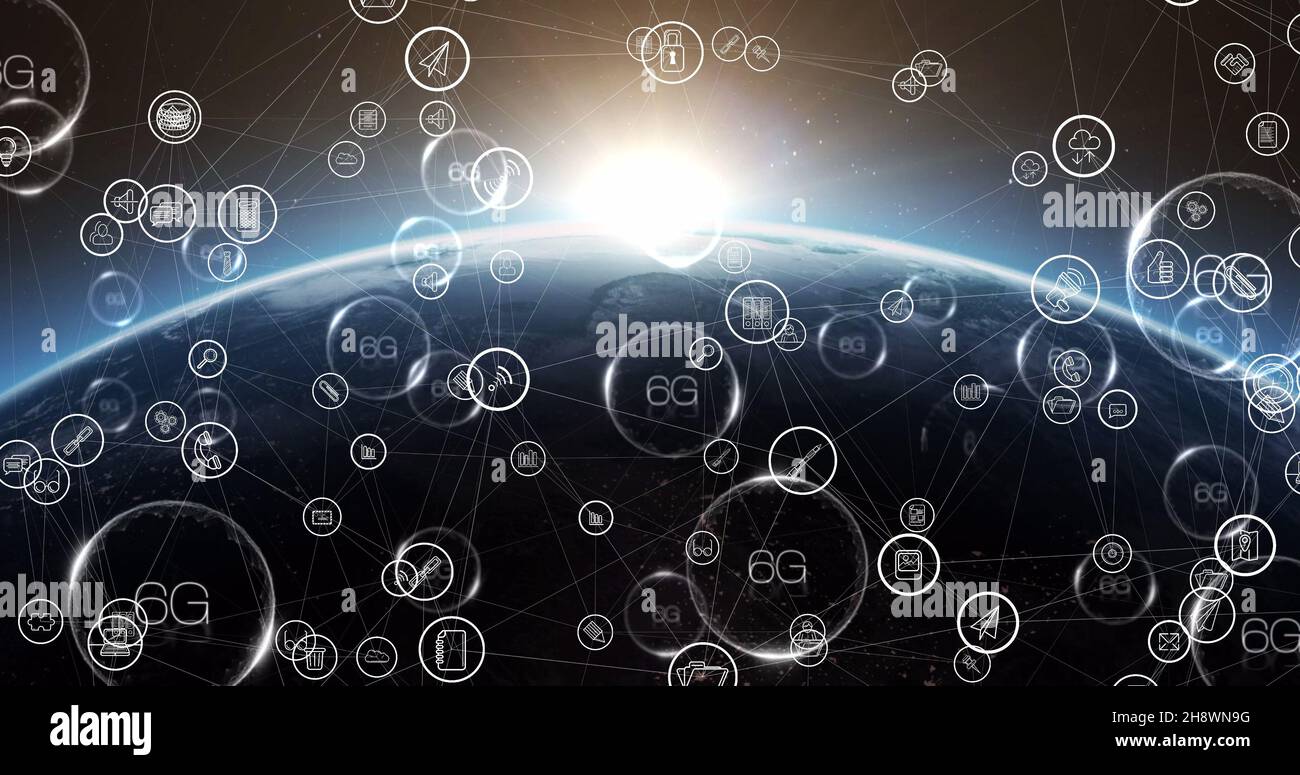 Digitally generated image of icons connected through computer network ...