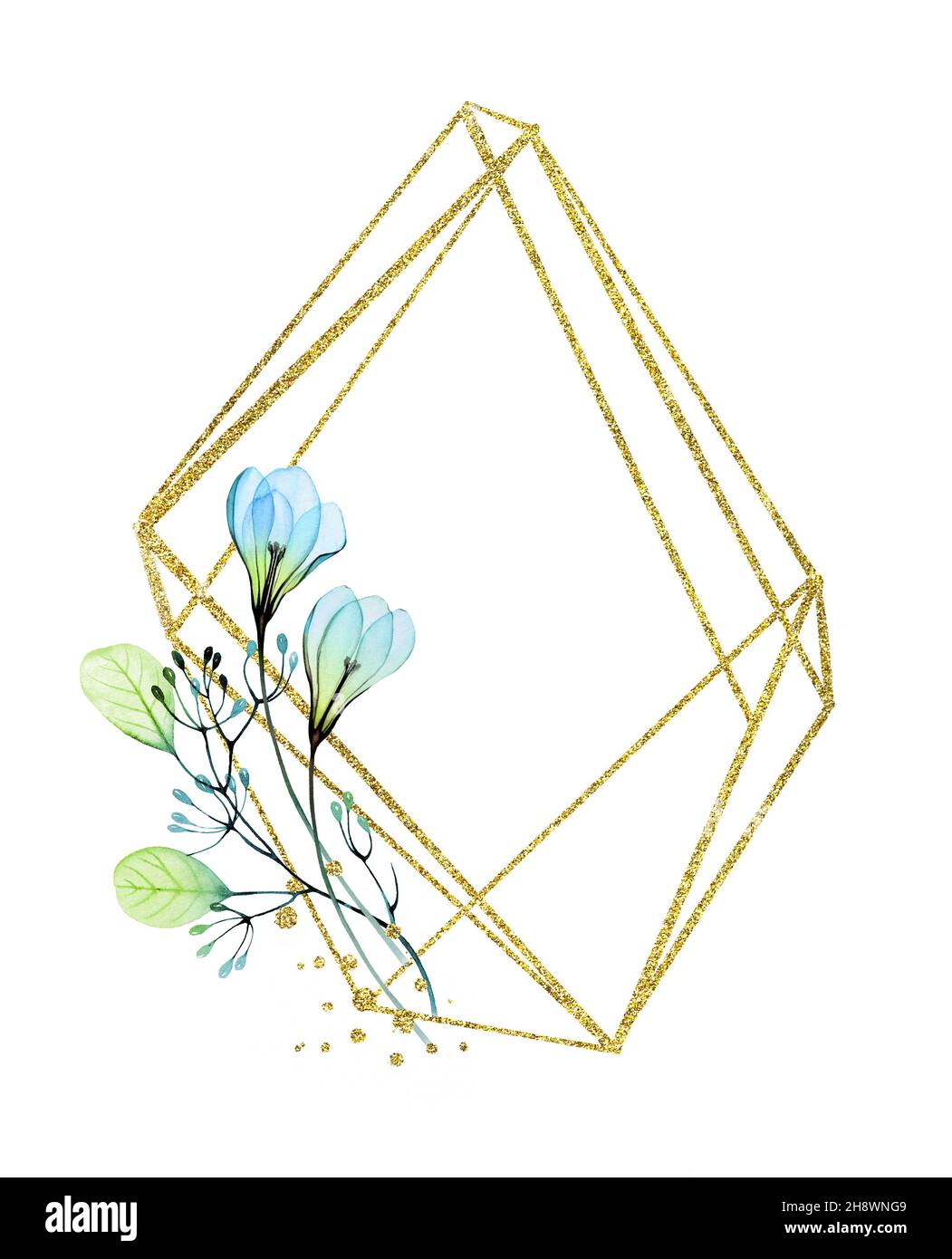 Watercolor florals with golden glitter frame. Realistic poster with ...