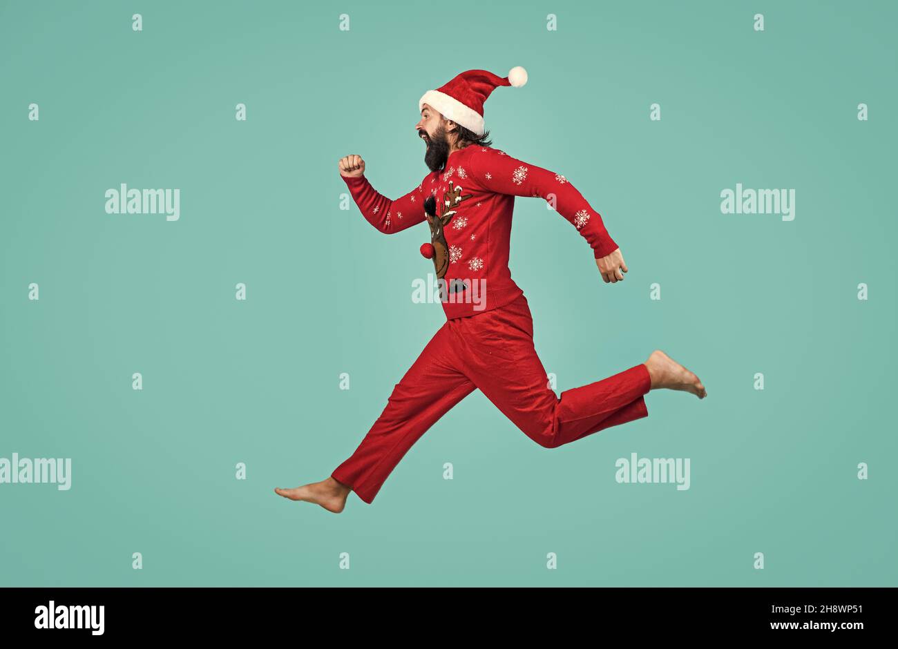 Time to celebrate. mature santa claus jumping. funny winter holiday ...