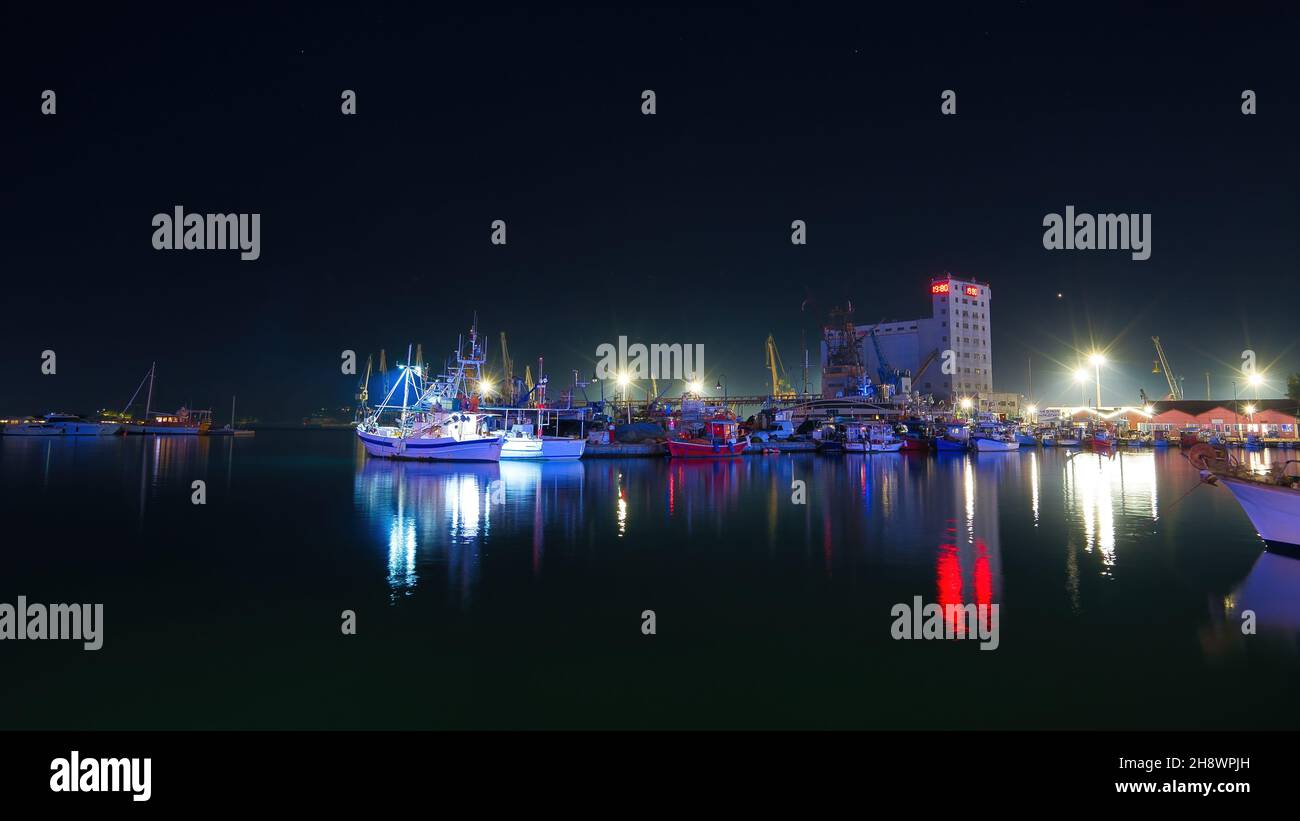 The old port of Volos, boats and fishing boats, Volos at night, the ...